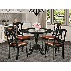 East West Furniture Dublin 5 Piece Dinette Set for 4 Includes a Round Table with Dropleaf and 4 Faux Leather Dining Room Chairs, 42x42 Inch, Black