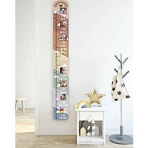 Solid Wood Inspirational Growth Chart for Kids with Photo Windows, Motivational Height Chart for Kids, Foldable Kids Height Wall Chart Milestone Marker, Positive Birthday Gift for Girls Room Decor