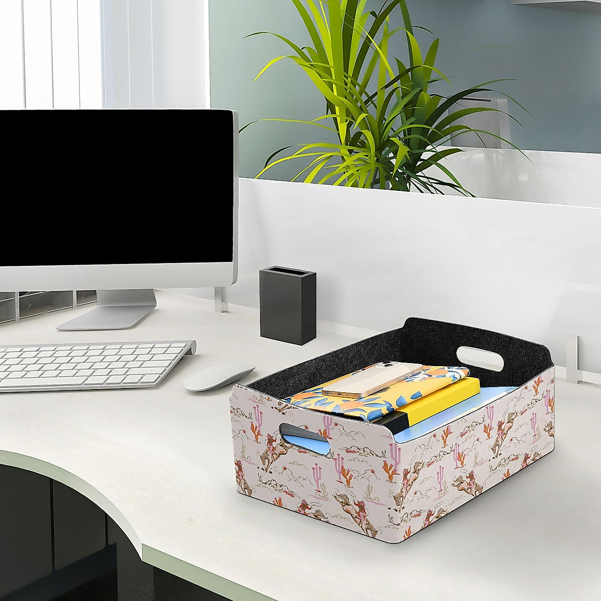 SDMKA Cute Rodeo Cowgirl Storage Basket Collapsible Felt Storage Bins Decorative Home Office Organizer Box for Clothes, Books, Document