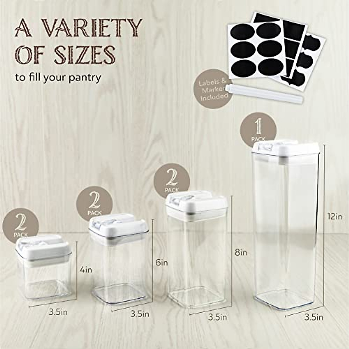 Airtight Food Storage Containers - Clear Plastic, Lid Lock, Reusable Stickers, Various Sizes, BPA Free. Perfect Dry Food Storage Organization for Kitchen and Pantry. (Set of 7)