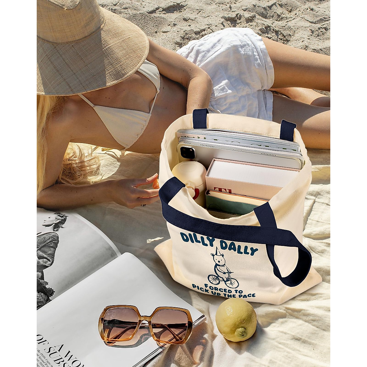 Miss Adola Aesthetic Canvas Tote Bag for Women - Sturdy Cloth Cotton Totes Bag with Pattern Shoulder Bag for Shopping, Grocery, Gym, Cycling Bear