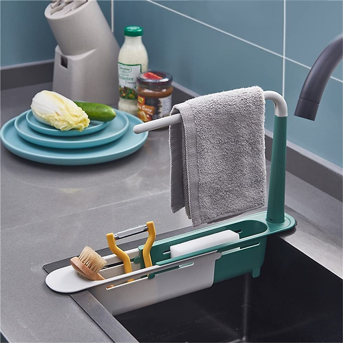 weiwie Tropimart Telescopic Sink Shelf - Adjustable Sink Storage Rack, Drainer Sink Tray Sponge Soap Holder, Adjustable Length 2-in-1 Sink Organizer, Telescopic Sink Storage Rack (Blue)