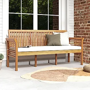 Tangkula Patio 3-Seat Wood Bench, 62.5 Inches Long Acacia Bench with Soft Seat Cushions, Ergonomic Backrest & Armrests, Outdoor Bench Seat for Balcony, Porch, Garden (Off White)