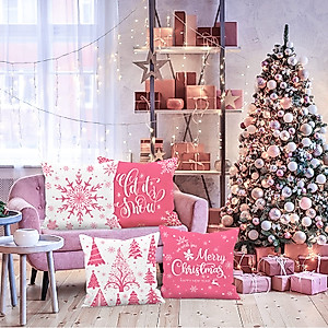 Lanpn White and Pink Christmas Throw Pillow Covers 14x14 Set of 4, 14 inch Decorative Xmas Cushion Covers Pillow Cases 14 x 14 for Home Bedroom Room Holiday Couch Decor Decorations