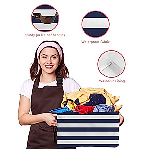 Large Storage Baskets Bins 2 Pack Navy Blue White Striped Farmhouse Collapsible Storage Box Laundry Organizer for Closet Shelf Nursery Kids Bedroom Rustic Geometric