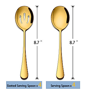 Homikit Stainless Steel 4 Gold Serving Spoons, 4 Gold Slotted Serving Spoons, Metal Buffet Dinner Party Banquet Restaurant Catering Serving Utensils, Mirror Polished, Dishwasher Safe
