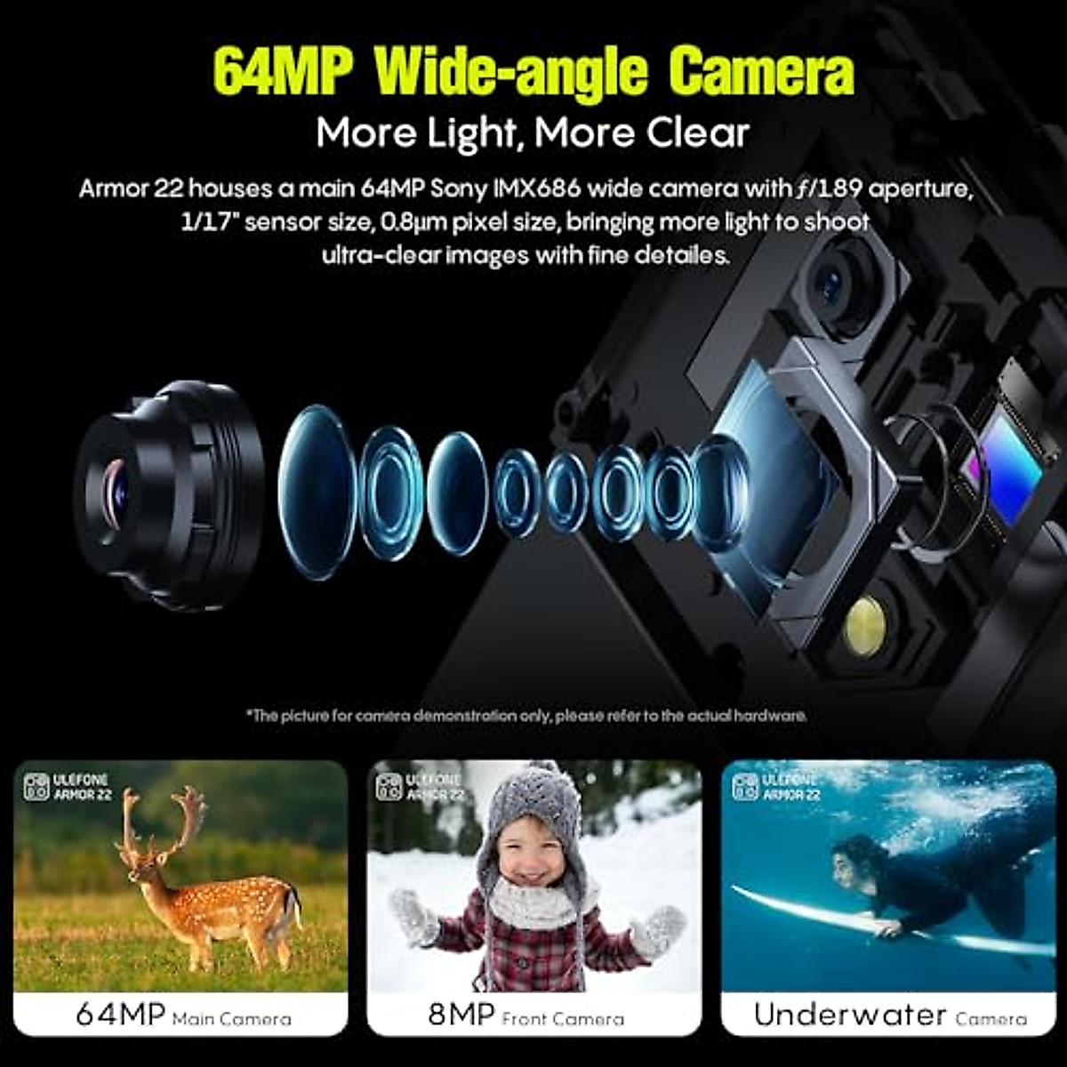 Ulefone Armor 22 (16+128GB) Rugged Smartphone, 64MP Night Vision Camera + 64MP Wide-Angle Camera, Android 13 Unlocked Cell Phone, 6.58 FHD+, 120Hz, 6600mAh, IR Blaster, NFC 4G Dual Sim- All Black