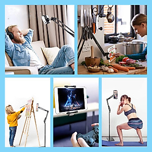 iPad Tablet Holder for Bed - Arm Height Adjustable Tablet Floor Stand Metal 360° Rotating iPad Clamp Mount for iPad Pro, iPad Air, iPad Mini, Kindle Reading and Other 4.7~12.9'' Phones and Tablets