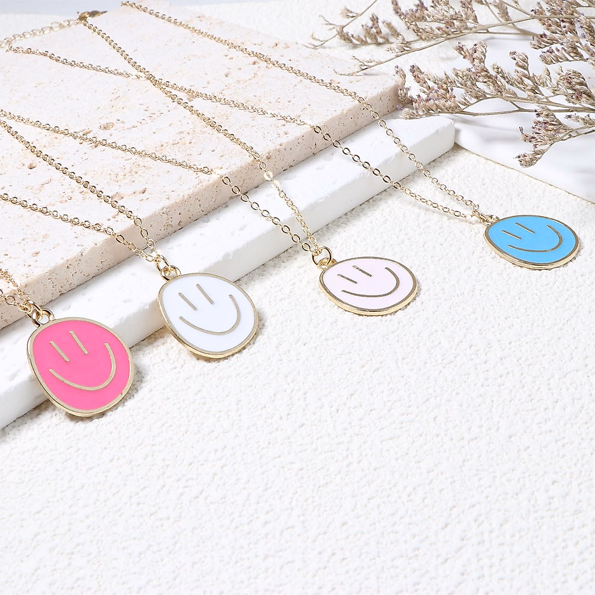 AULSIEY Smile Face Necklaces Cute Necklaces For Teen, Pink Necklace Hot Pink Jewelry Preppy Necklaces, Hot Pink Necklaces 14k Gold Plated Necklace Happy Face Necklace- Hot Pink