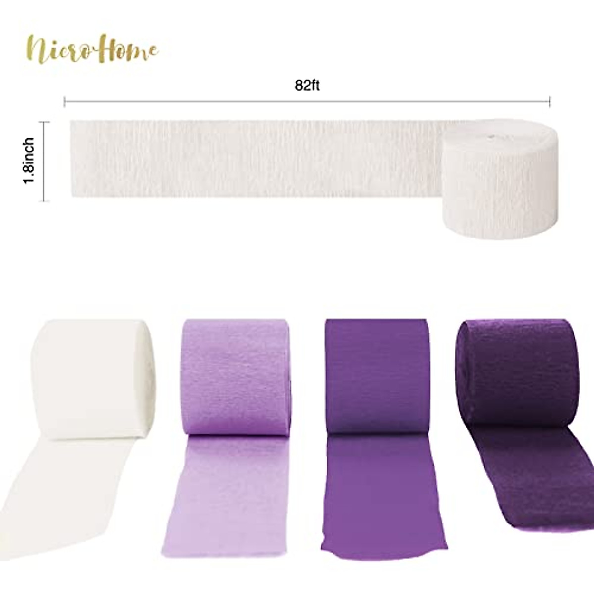 NICROHOME 8 Rolls Crepe Paper Streamers, Pack of Purple, Dark Purple, Pastel Purple, White Streamers for Birthday Party Decorations, Wedding, Valentine Day Lilac Theme Party Supplies, 82Ft Long