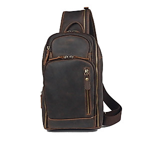 Leather Sling Bag for men,Full Grain Leather Crossbody Bag Shoulder Bag for Men Vintage Backpack Women fit 11 inch ipad Dark Brown