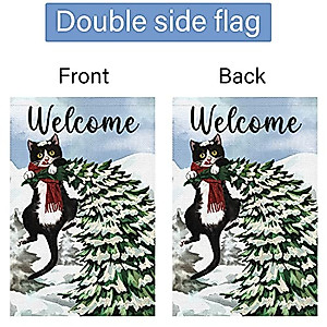 Welcome Winter Garden Flag 12x18 Double Sided, Burlap Farmhouse Small Pine Tree Black Cat Garden Yard Flags for Winter Seasonal Outside Outdoor House Holiday Decor (ONLY FLAG)