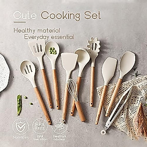 CAROTE Silicon Cooking Utensils Set for Kitchen,446°F Heat Resistant 10 pcs Non-Stick Cooking Set with Wooden Handle Spatula Turner Spoon Tongs Whisk
