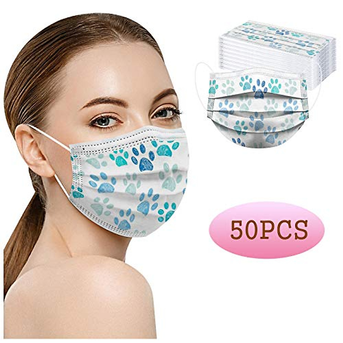 Paw Print Disposable_mask for Women with Design Cat Dog Paw Print Patterned Paper_mask with Breathable 3 ply Adjustable (50 Pack, C)