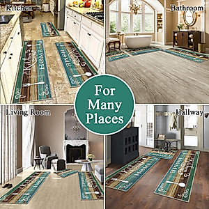 Vaukki Boho Kitchen Rug Sets 3 Pieces, Washable Kitchen Mats for Floor, Non Slip Soft Kitchen Area Rug Floor Mat for Kitchen, Laundry Room and Hallway (Teal, 20''x32''+20''x47''+20''x59'')