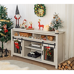 WAMPAT TV Stand for 65+ Inch TV, Farmhouse 32" Tall Highboy Entertainment Center w/Sliding Mesh Doors, Rustic Media Console w/Storage Shelf, Wood Television Stand for Living Room, Antique White