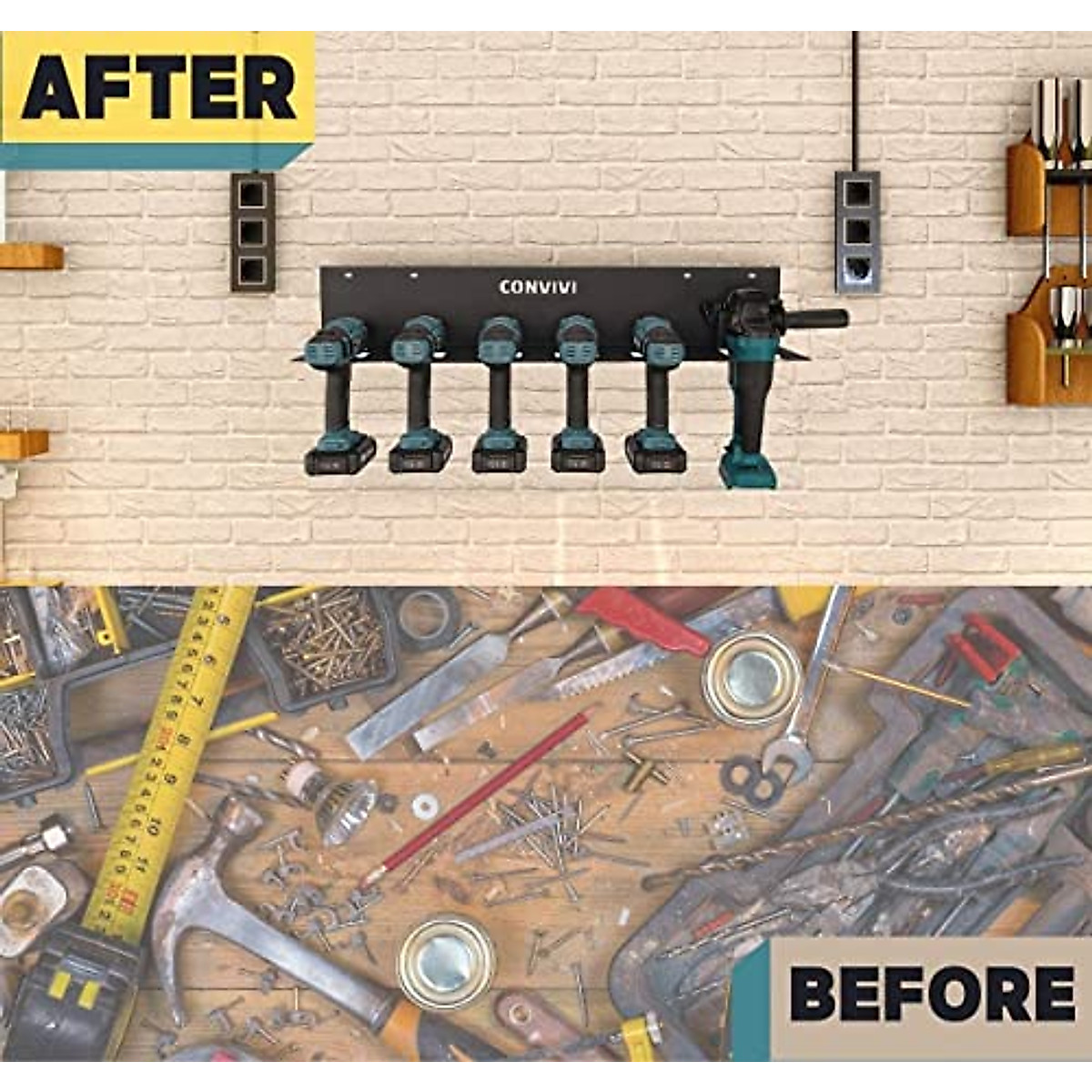 CONVIVI Design Power Tool Holder - Holds 6 Drills Power Tool Storage Rack (Black) - Cordless Power Tool Organizer for Garage - HeavyDuty Drill Holder Wall Mount - Easy to Install