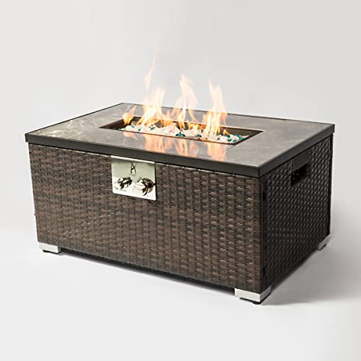 NEWTIK Propane Fire Pit Table, 40000 BTU Heat Outdoor Gas Firepits with Lid, Rain Cover, Ceramic Tile Tabletop, Color Glass Rocks, Fire Pits for Outside, Patio, Garden, Backyard