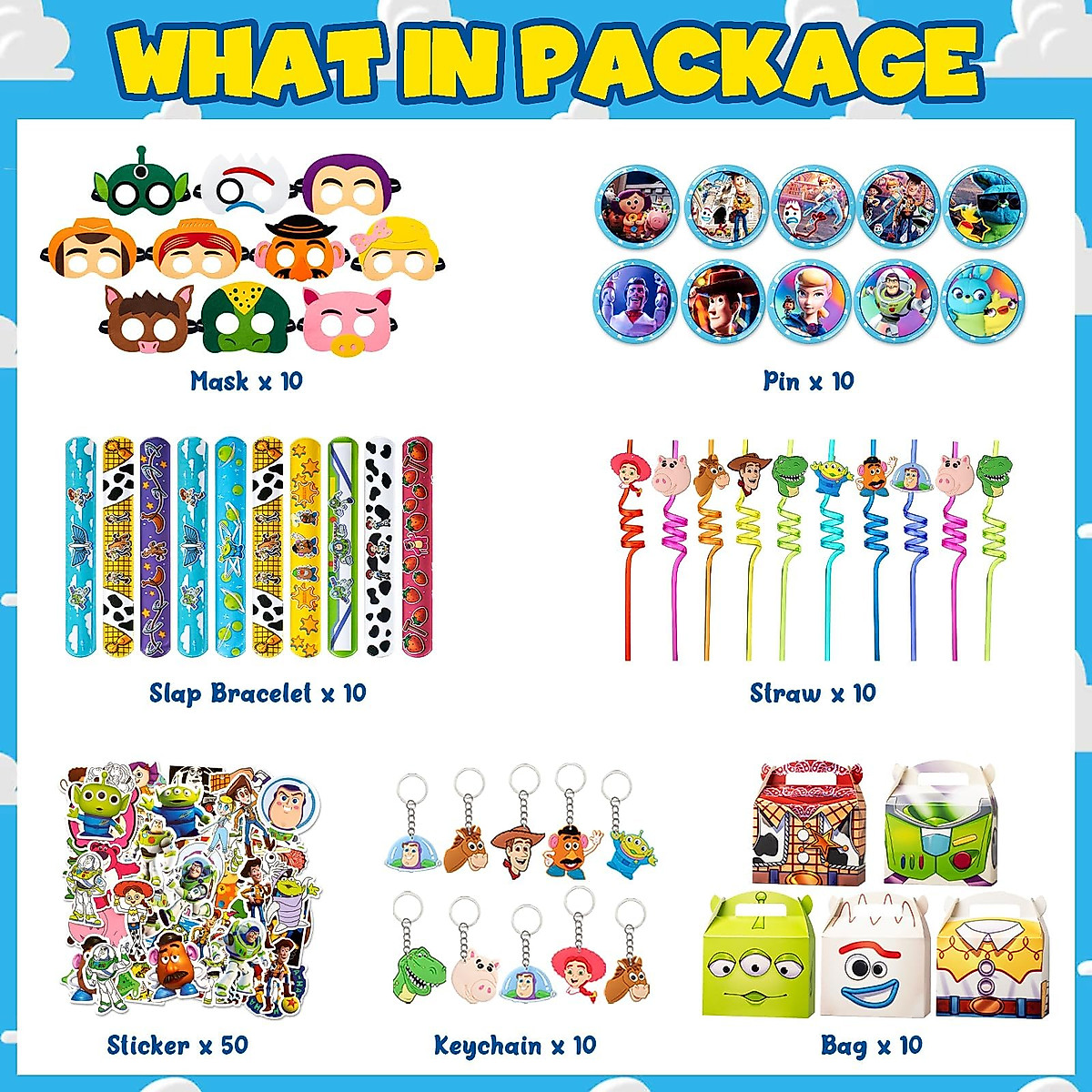 OrVag Birthday Party Supplies,110Pcs Party Favors,Include 10 Circles,10 Pattern Decorations,10 Key Chains,10 Masks,10 Gift Bags,10 Straws and 50 Stickers,Best For the Goodie Bags for Party