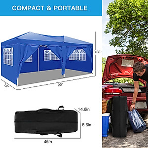Rovibek 10x20 Pop Up Canopy with Sidewalls Tents for Parties Outdoor Backyard Party Tent Carport Canopy, with Sandbags, Storage Bag, Blue