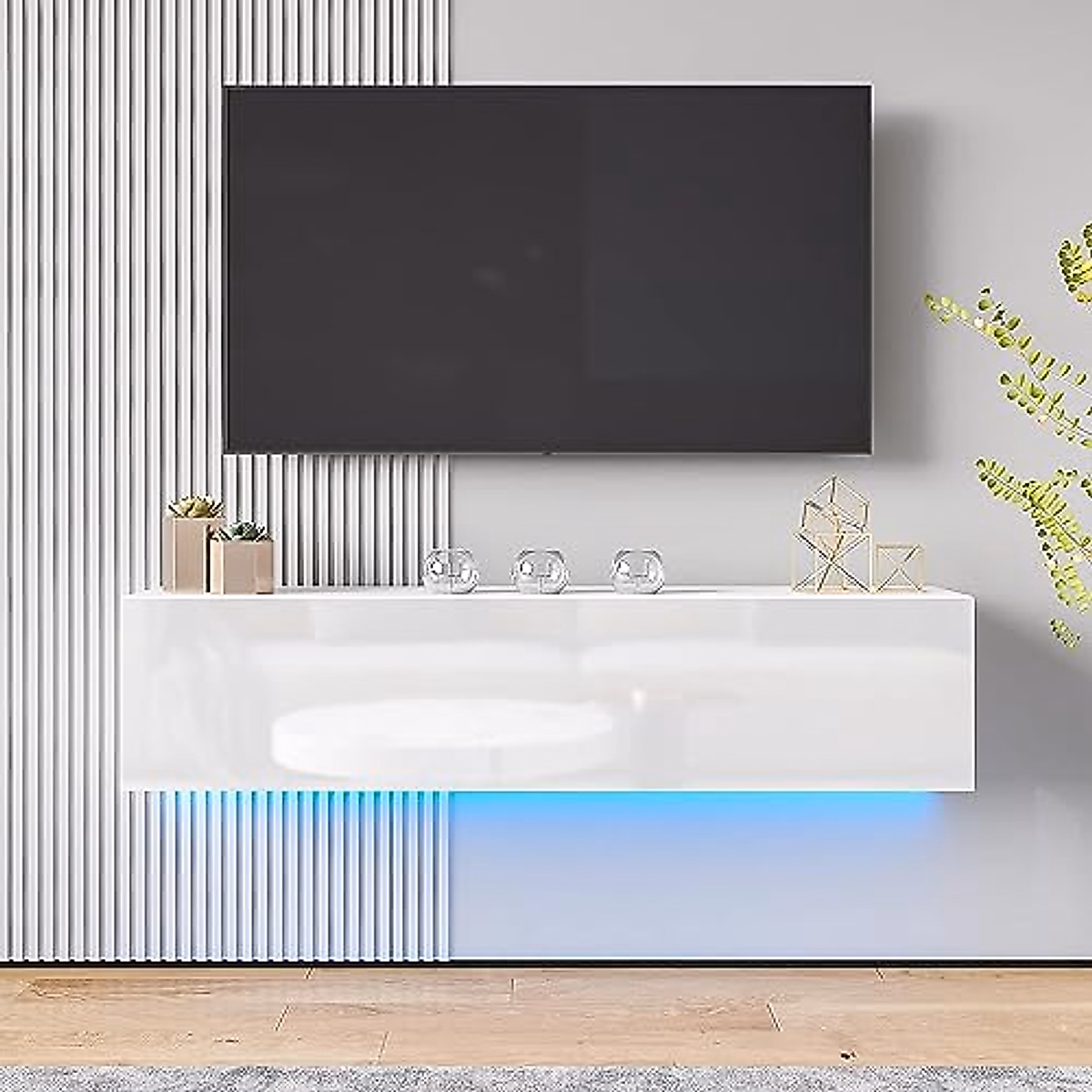HOMMPA Floating TV Stand with Led Light for 63 Inch TVs Wall Mounted Led Entertainment Center with High Gloss Storage Modern Floor White Mounted Media Console for Living Room