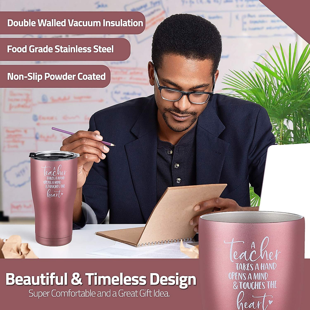 AAtlonia Teacher Gifts, Teacher Tumbler-A Teacher Takes a Hand, Opens a Mind & Touches The Heart- Teacher Mug Appreciation Gifts, Teacher Retirement Gifts for Women, Teacher Cup (Rose Gold, 20OZ)