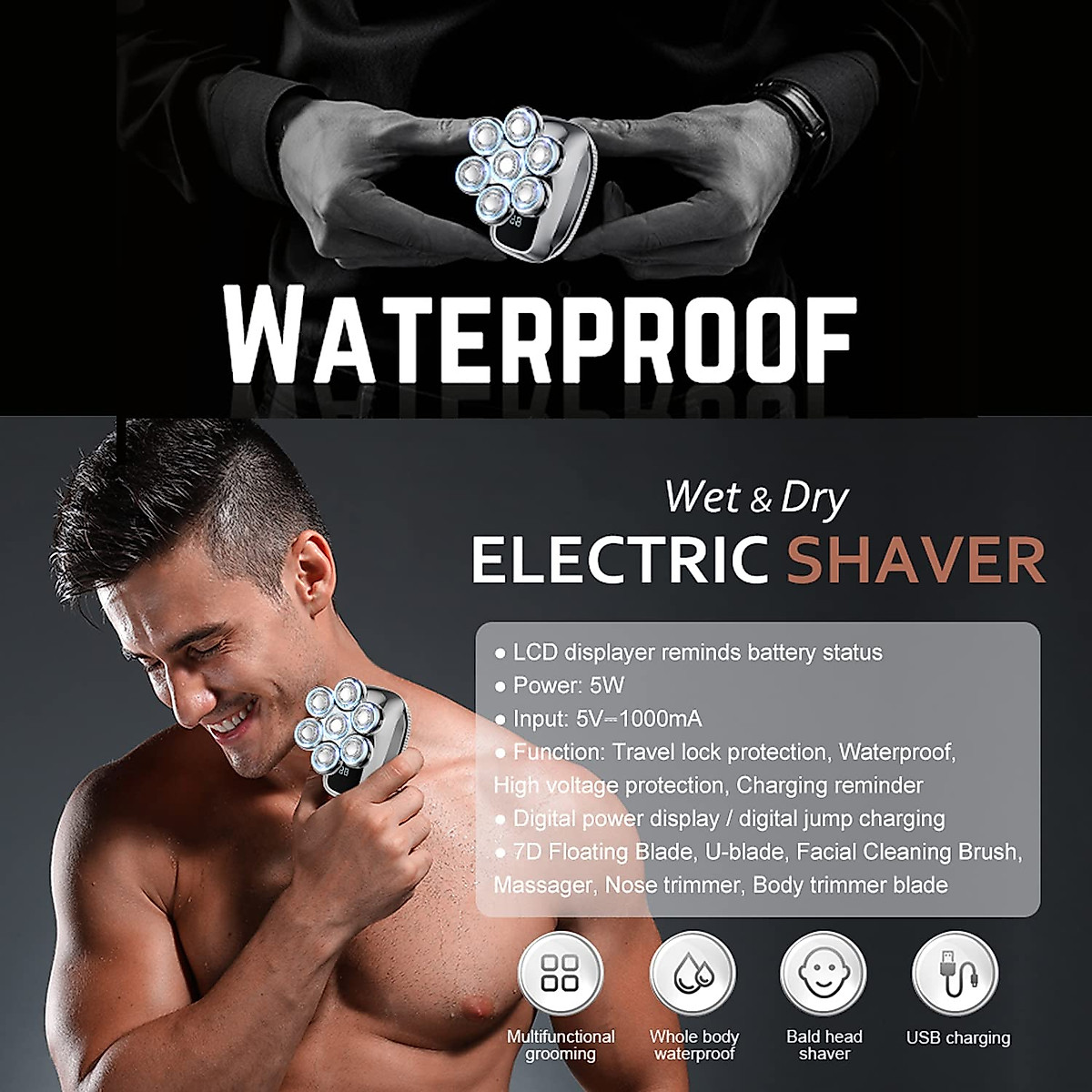 Head Shaver 7D Men’s 6-in-1 Electric Head Shaver for Bald Men, Head Electric Razor with Nose Hair Sideburns Trimmer, Waterproof Mens Grooming Kit, Anti-Pinch, LED Display, USB Rechargeable Washable