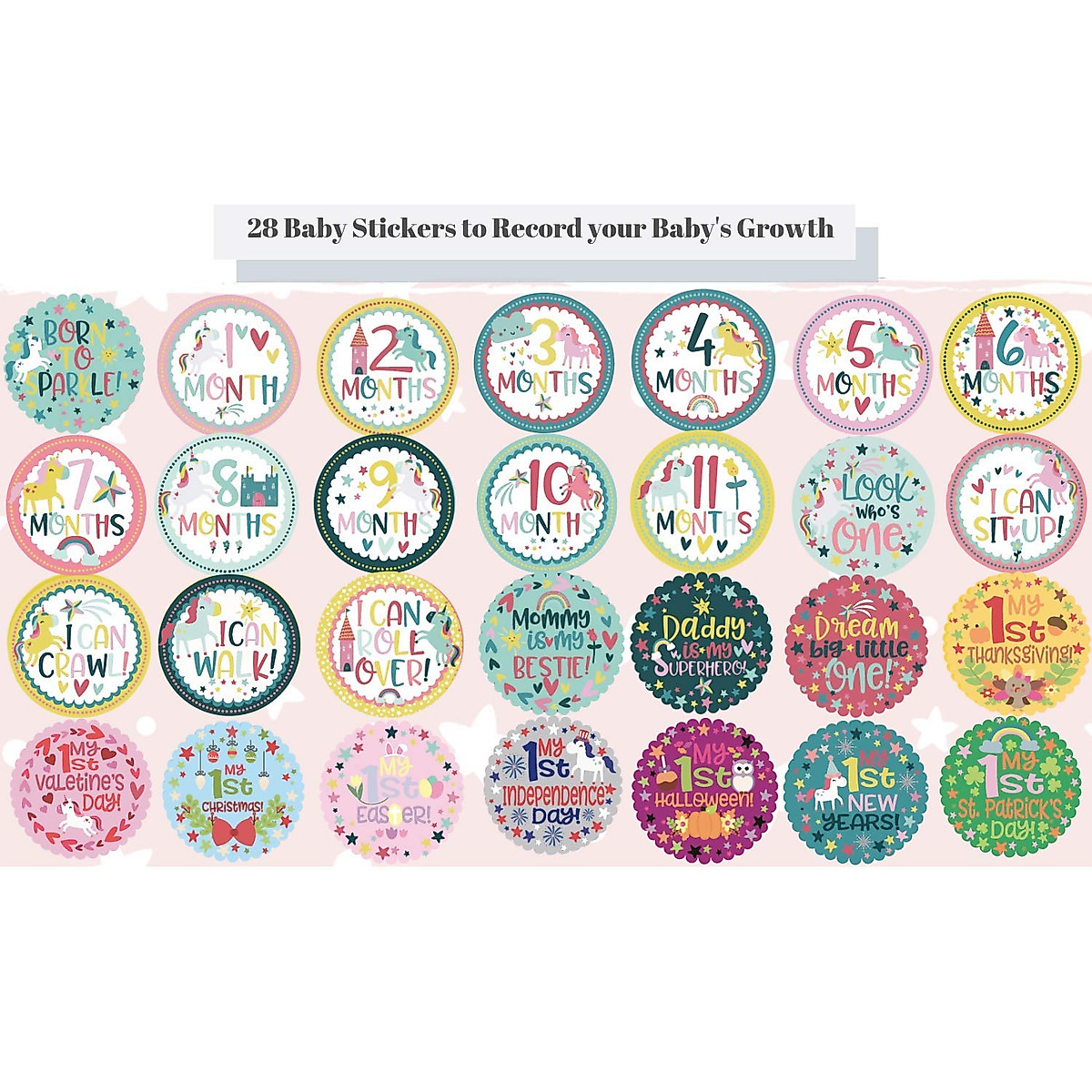 28 Pack Baby Monthly Milestone Stickers for Girls