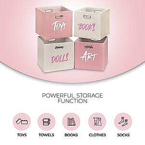 Damostarz Storage Basket Cube Girls Bins Toy Collapsible Baskets for Nursery Cubes Set of 4 Shelf Bin Kids Bedroom Living Room Dresser Box Toys Organizer Foldable Large Fabric Boxes 13x13x13
