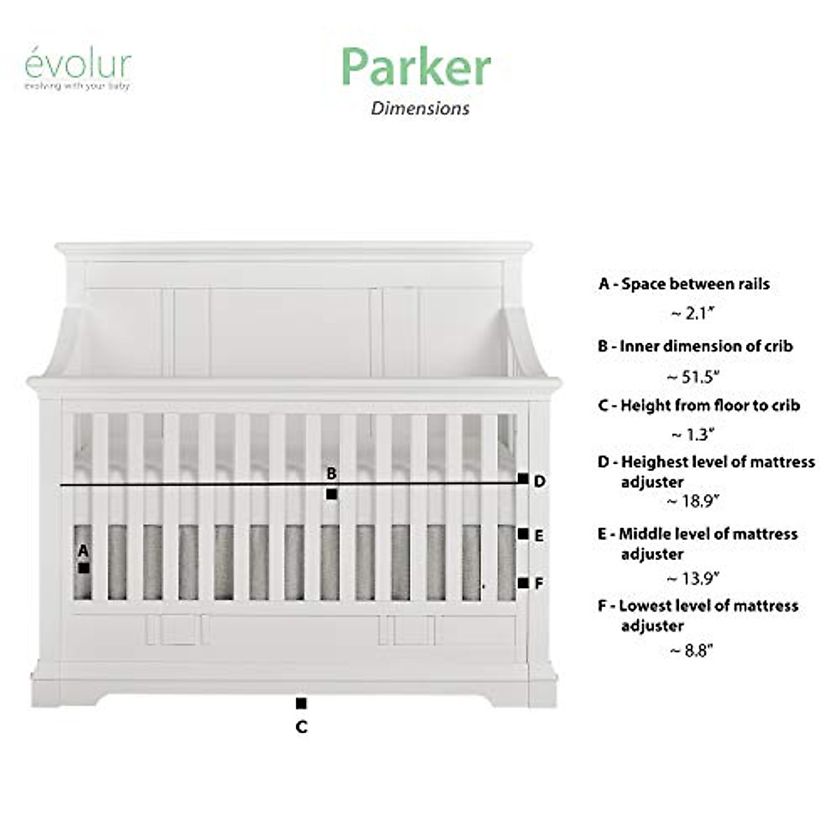 Evolur Parker 5 in 1 Convertible Crib, Winter White