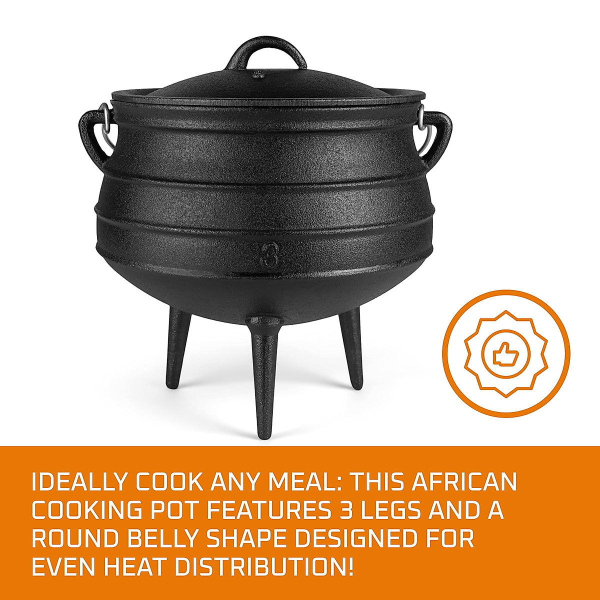Bruntmor Pre-Seasoned Cast Iron Cauldron | African Potjie Pot with Lid | 3 Legs for Even Heat Distribution - Premium Camping Dutch oven Cookware for over-the-fire Cooking - 8 Quarts (Large)