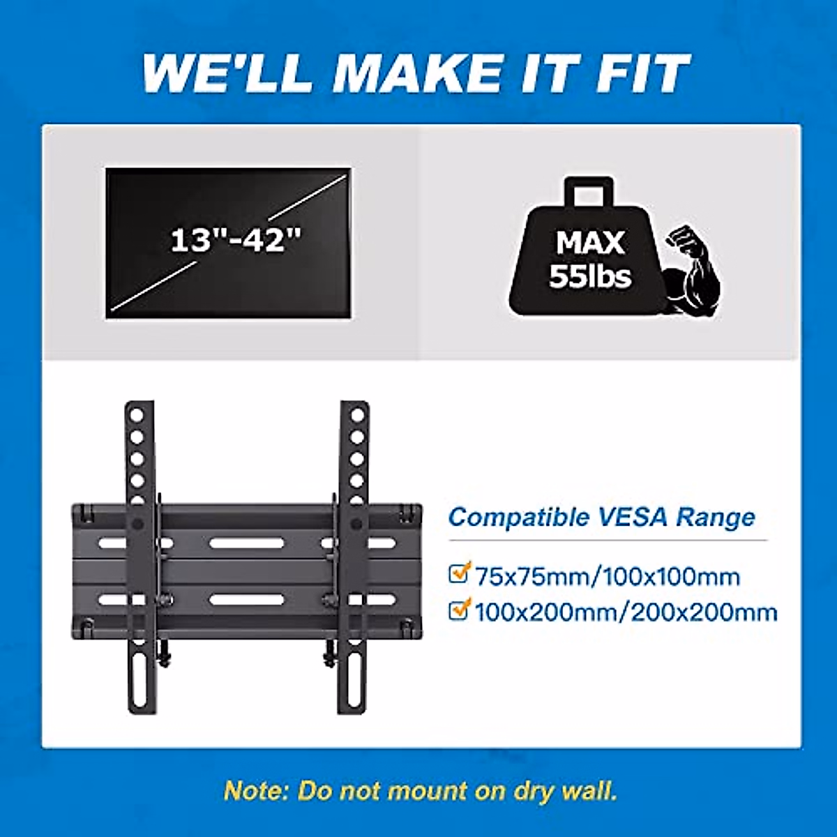 Tilting TV Wall Mount Bracket Low Profile for 13-42 Inch Flat Screen TVs & Monitors, Universal Tilt TV Monitor Mount Fits 8" Wood Studs VESA 200x200mm by Pipishell