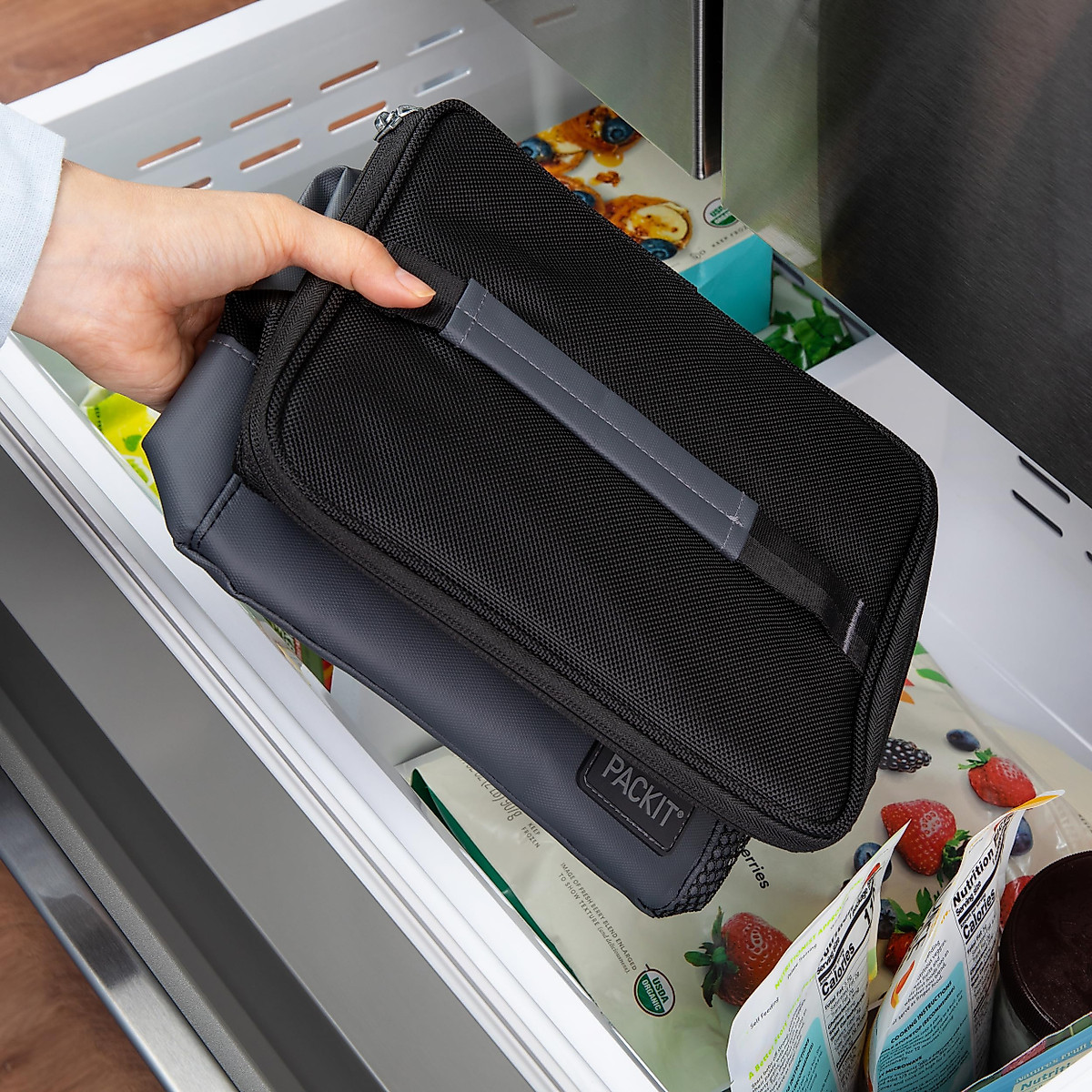 PackIt Freezable Lunch Pail, Black/Gray, Engineered with ECOFREEZE+ Technology: Triple Layered Protection for Ultimate Cooling, with Removable Crossbody Strap, Fresh Food On the Go