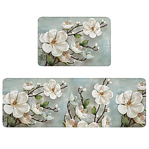 Retro White Flowers Kitchen Rugs Set 2-Pack Front Door Mat Indoor Entryway Country French Chic Florals Watercolor Kitchen Rugs and Mats Non Skid Washable for Bathroom/Bedroom/Patio 24x36+24x71