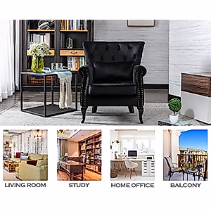 Kmax Velvet Club Chair Tufted Throne Chair Mid Century Accent Wingback Chair Padded Seating Wood Legs Home Club Bedroom Living Room, Black