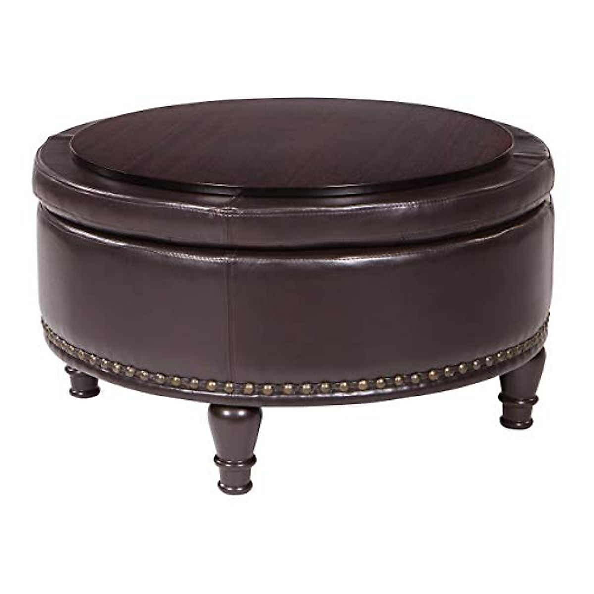 OSP Home Furnishings Augusta Round Storage Ottoman with Decorative Nailheads and Flip Over Lid with Serving Tray Surface, Espresso Faux Leather