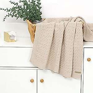LAWKUL Knit Baby Blanket Cotton Cable Beige Receiving Swaddle Nursery Blankets Crochet Gender Blanket for Newborn Boy Girls