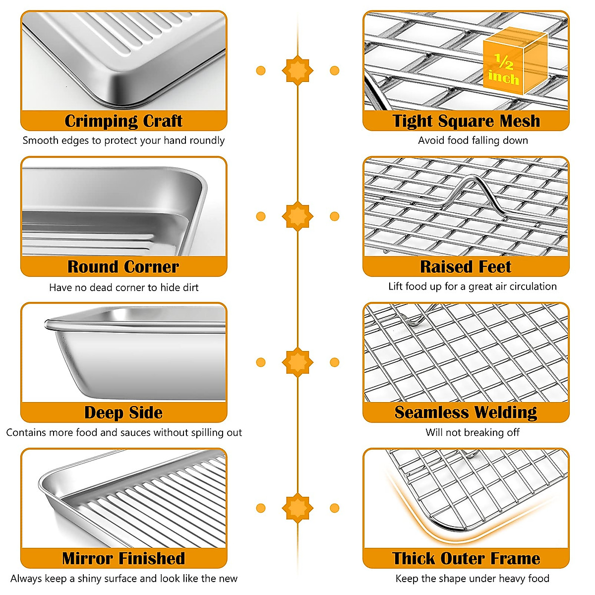 17.5 Inch Half Baking Cookie Sheet with Rack, P&P CHEF Stainless Steel Baking Pan Oven Tray and Cooling Rack for Cooking, Corrugated Bottom & Grid Rack, Healthy & Durable, 2Pcs (1 Pan +1 Rack)