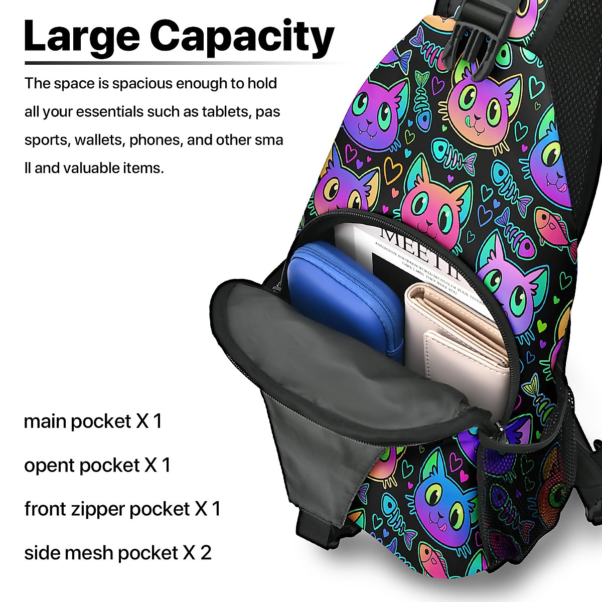 Cat Sling Bag Travel Crossbody Backpack Shoulder Pack Chest Hiking Daypack for Women Men with Strap Adjustable Lightweight Outdoor Walking Running Climbing