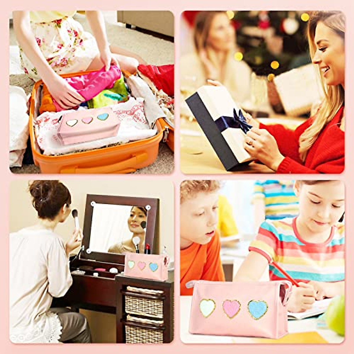 BYXEPA Preppy Heart Makeup Bag with Pocket Cosmetic Bag Waterproof Make up Travel Accessories Case Kids Portable Storage for Teen Girls Gift (Pink-Hearts)