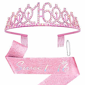 Sweet 16 Birthday Tiara and Sash Kit- Pink "Sweet 16" Birthday Decorations 16th Birthday Party Gifts Birthday Party Supplies for Girls