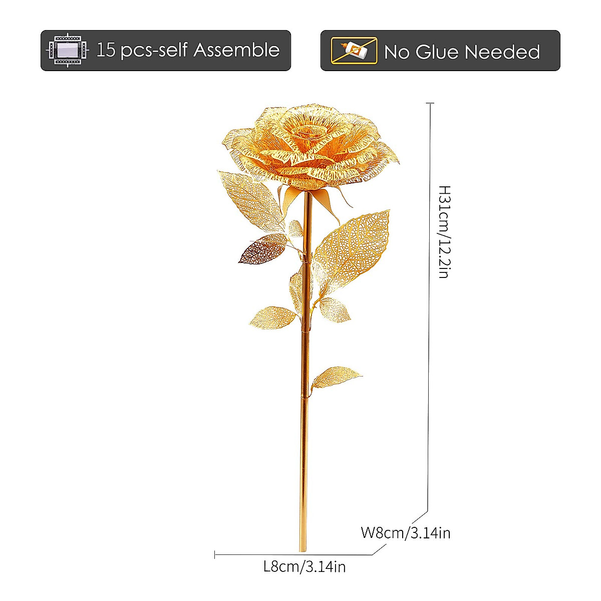 Piececool 3D Metal Puzzles Rose Flower Model Kits, Artificial Flowers Metal Building Blocks DIY 3D Puzzle for Adults, for Father Mothers Valentines Day, 15Pcs Gold