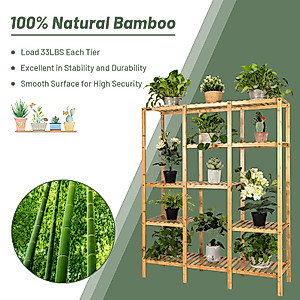 COSTWAY Plant Stand indoor, Bamboo Utility Shelf with Storage Organizer Pots, Wood Outdoor Tiered Plant Shelf for Multiple Plants, for Window, Garden, Balcony, Living Room