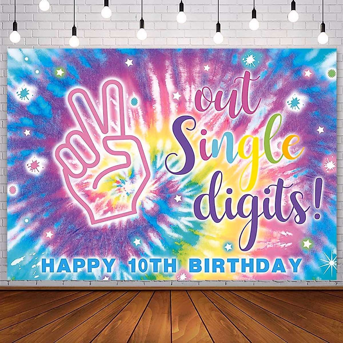 7x5ft Out Single Digits Backdrop Happy 10th Birthday Party Decorations Supplies for Baby Tie Dye Rainbow Neon It's My 10 Years Old Bday Photography Background Banner Photo Shoot Studio Props, Purple
