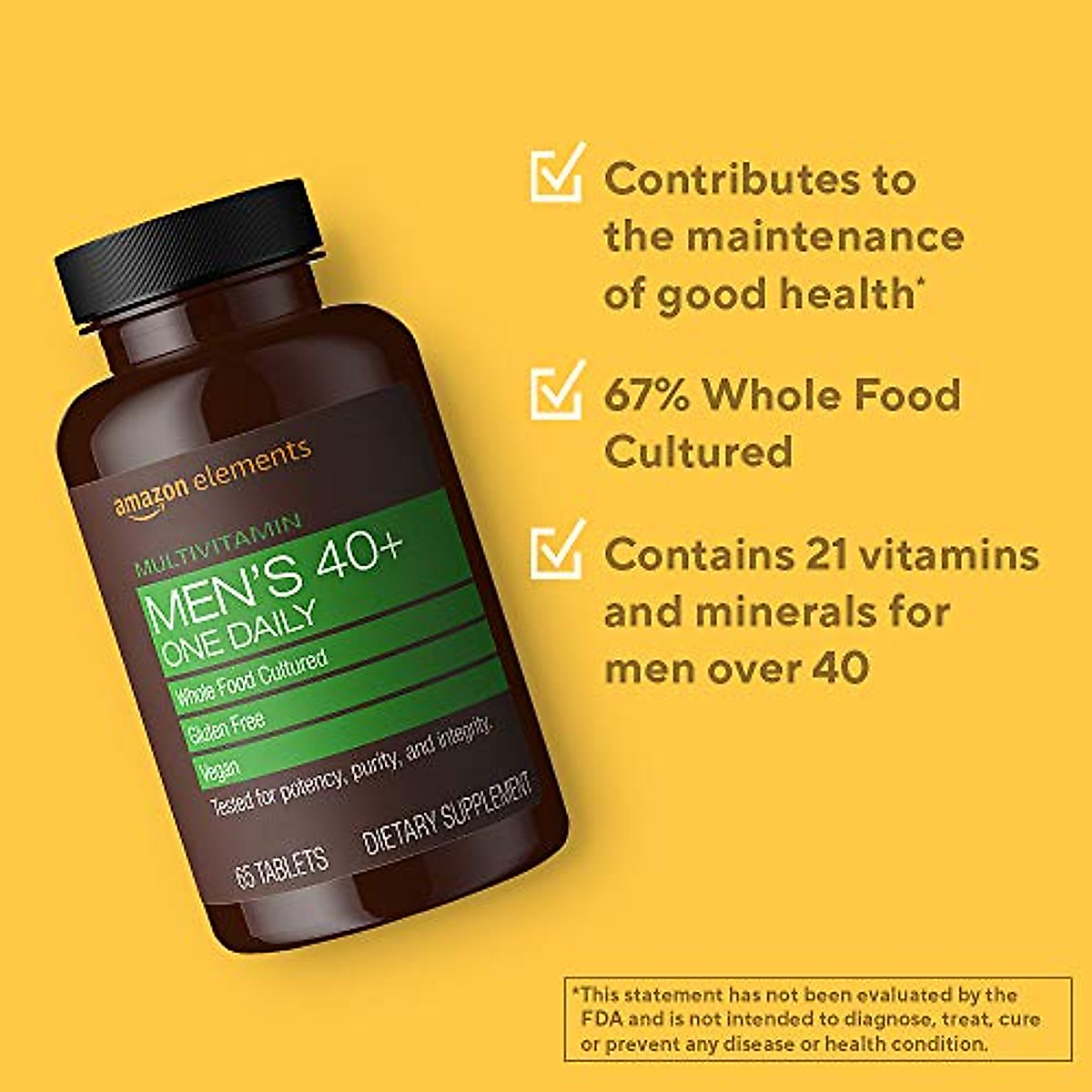 Amazon Elements Men’s 40+ One Daily Multivitamin, 67% Whole Food Cultured, Vegan, 65 Tablets, 2 month supply (Packaging may vary)