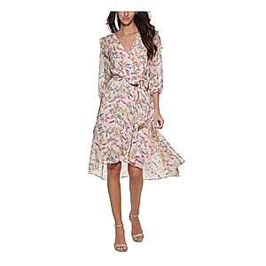 Tommy Hilfiger Womens Chiffon Faux-Wrap Midi Dress Pink 10