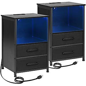 LOAKEKEL Night Stand, LED Nightstands Set of 2 with Charging Station, End Tables with USB Type C Port and Outlets, Bedside Table with 2 Fabric Drawers for Bedroom, Black, HNS032BK