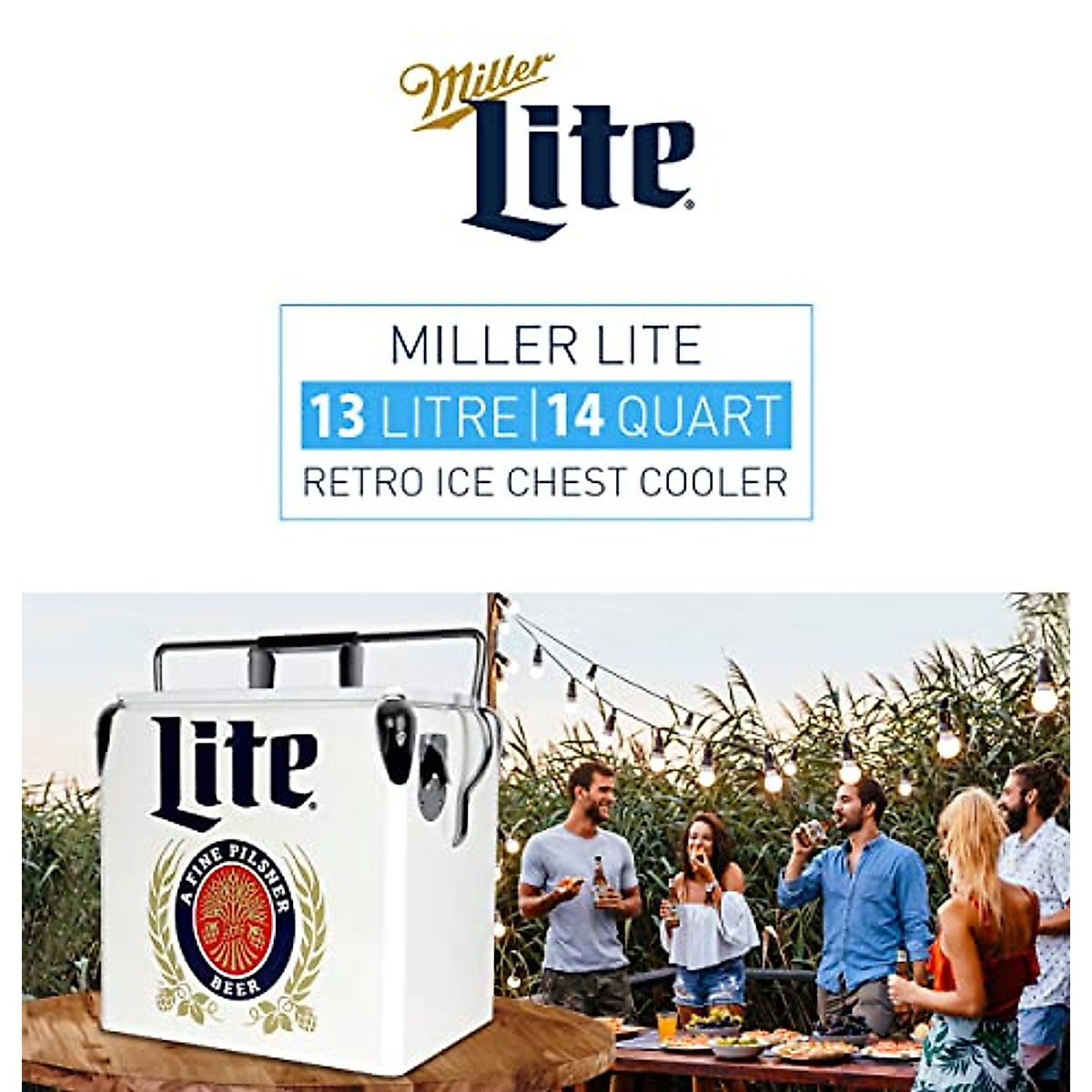 Miller Lite Retro Ice Chest Cooler with Bottle Opener 13L (14 qt), 18 Can Capacity, Blue and Red, Vintage Style Ice Bucket for Camping, Beach, Picnic, RV, BBQs, Tailgating, Fishing