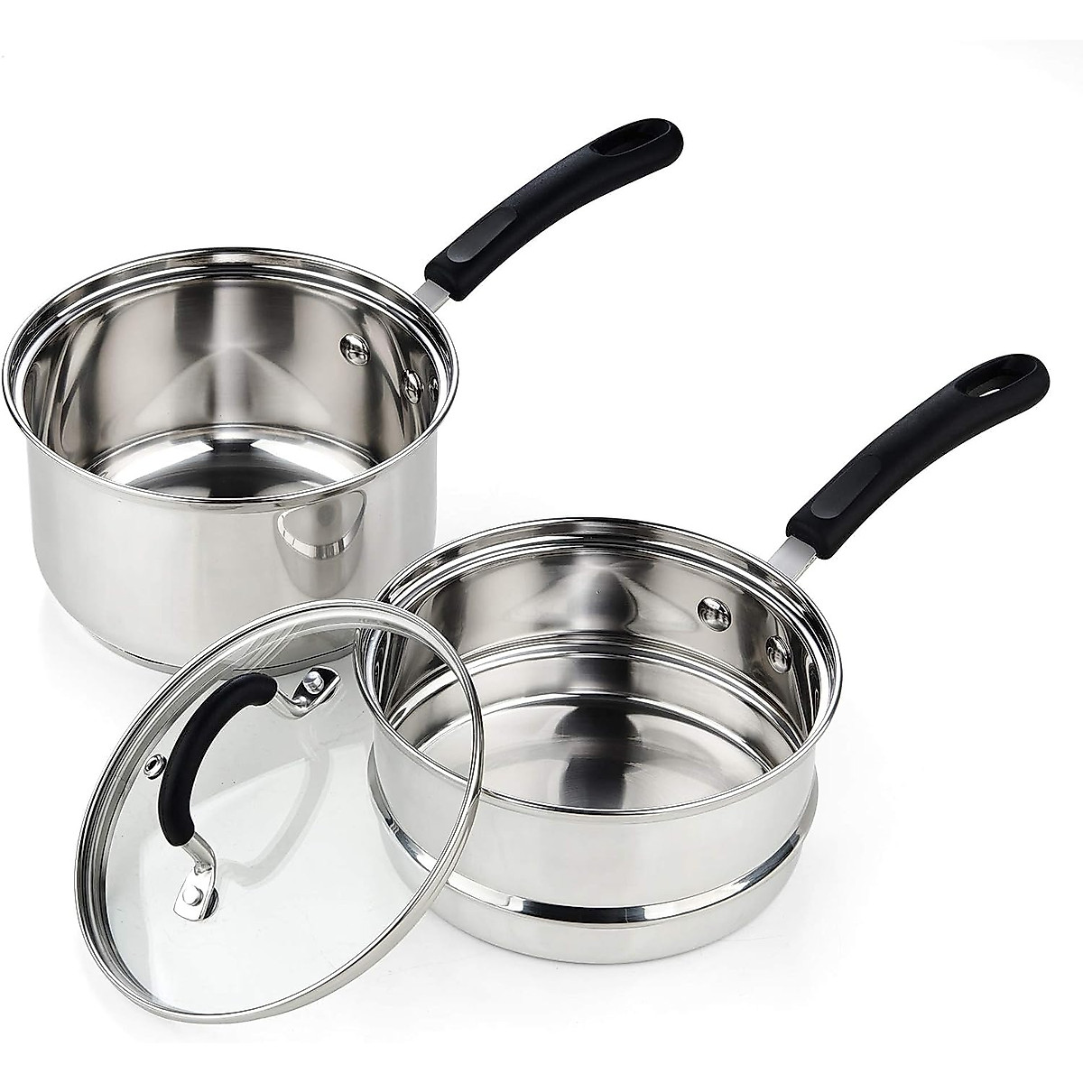 Cook N Home 02655 Professional Double Boiler Saucepan 2-Quart, 18-10 Stainless Steel Steam Melting Pot for Butter Chocolate Cheese, Tempered Glass Lid, Silver