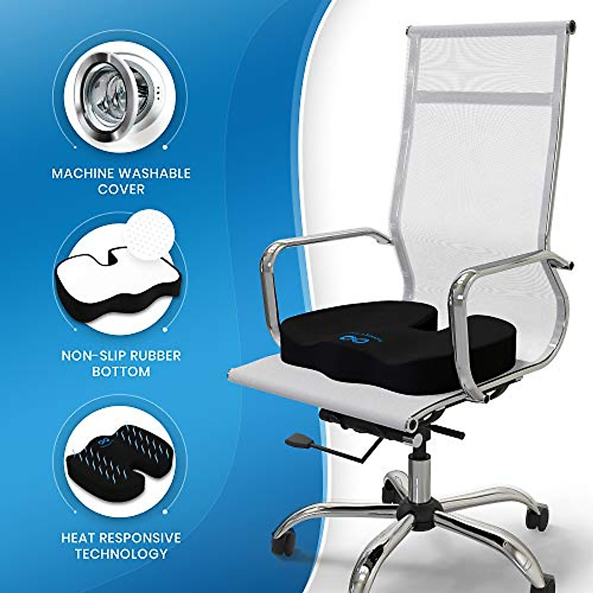 Everlasting Comfort Gel Infused Memory Foam Seat Cushion for Coccyx, Tailbone and Back Pain (Black)